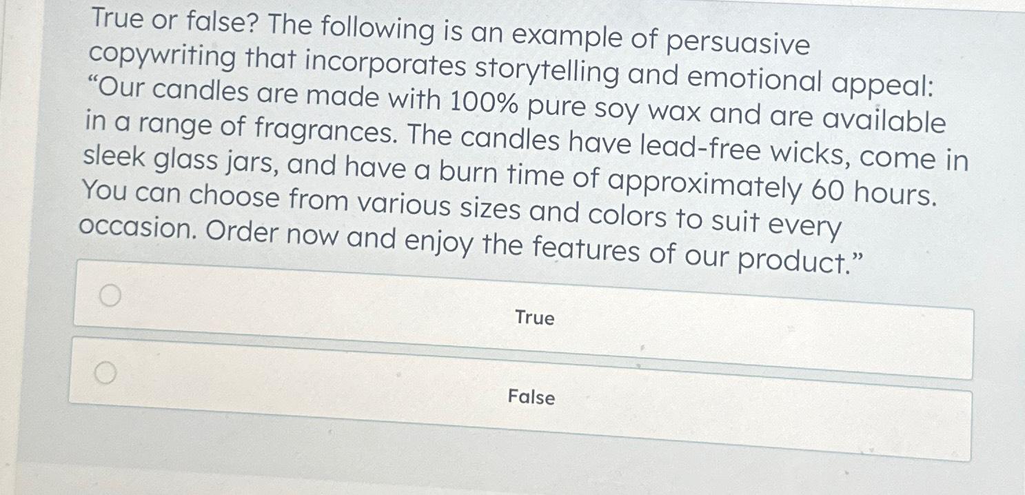 Solved True or false? The following is an example of | Chegg.com