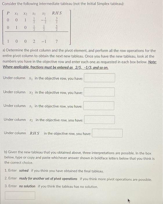Solved Consider the following intermediate tableau (not the | Chegg.com
