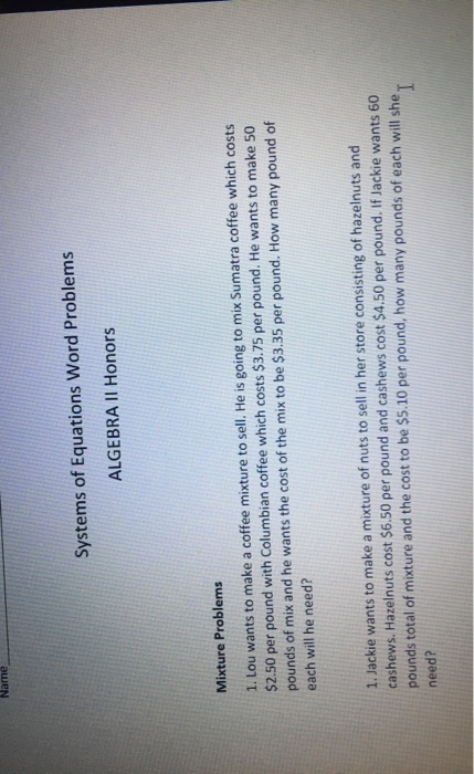 Solved Name Systems of Equations Word Problems ALGEBRA II | Chegg.com