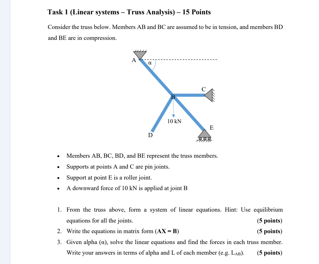 Solved Task 1 (Linear systems - Truss Analysis) - 15 | Chegg.com Solved Task 1 (Linear systems - Truss Analysis) - 15 | Chegg.com