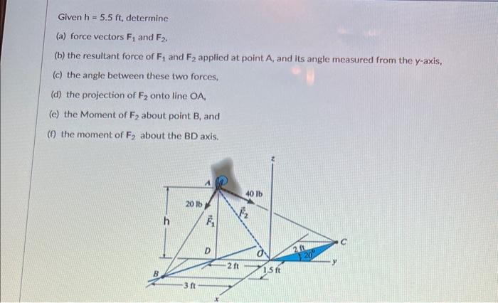 Solved Given h=5.5ft, determine (a) force vectors F1 and F2, | Chegg.com