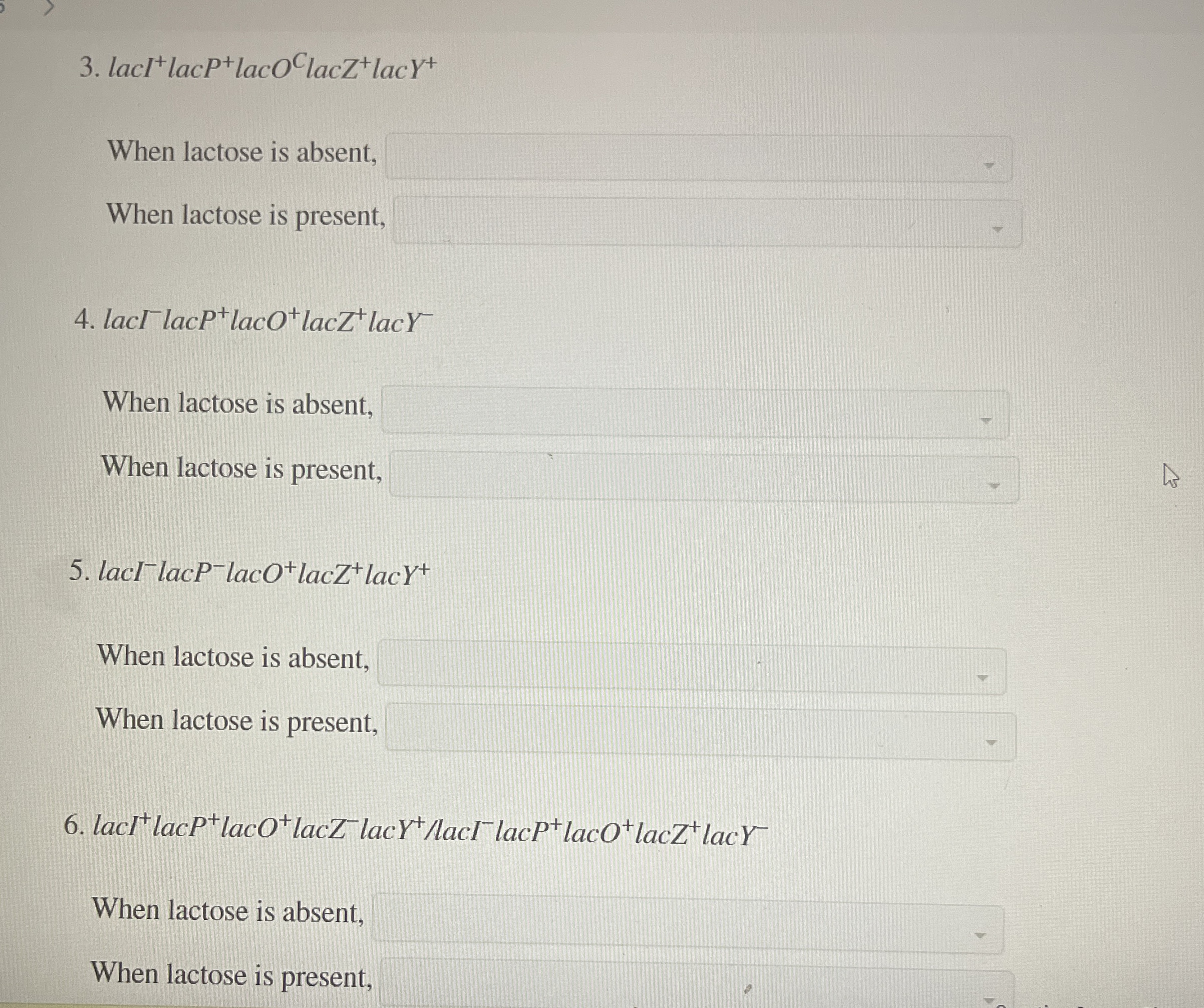 For the Escherichia coli lactose operon genotypes | Chegg.com