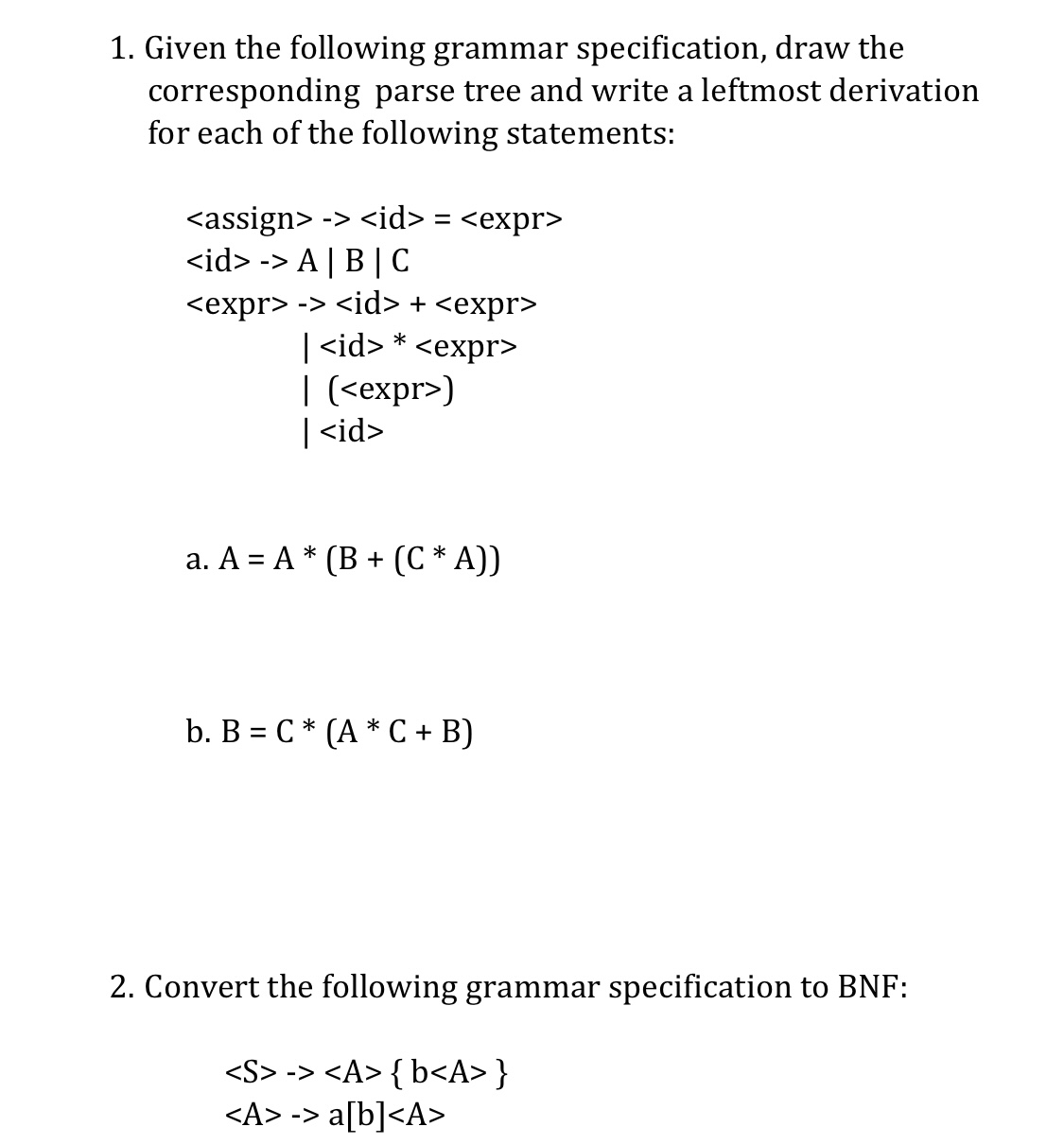 Solved Given the following grammar specification, draw | Chegg.com