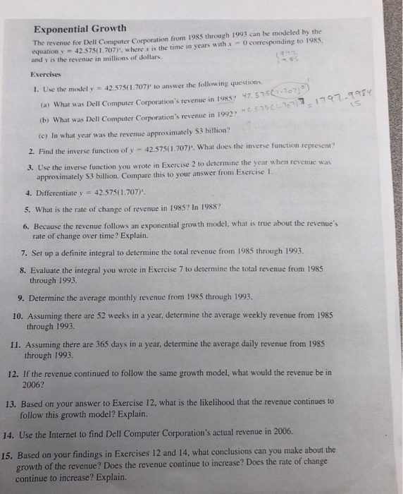 Solved Exponential Growth The revenue for Dell Computer | Chegg.com