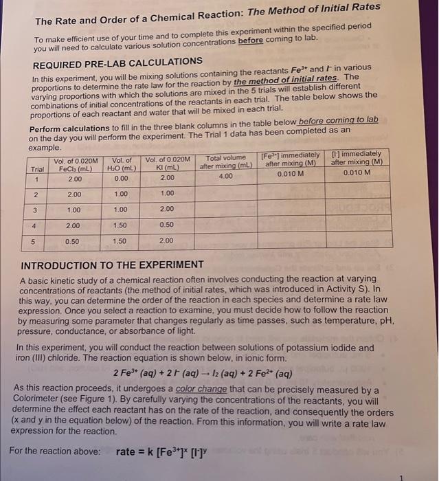 Solved The Rate and Order of a Chemical Reaction: The Method | Chegg.com