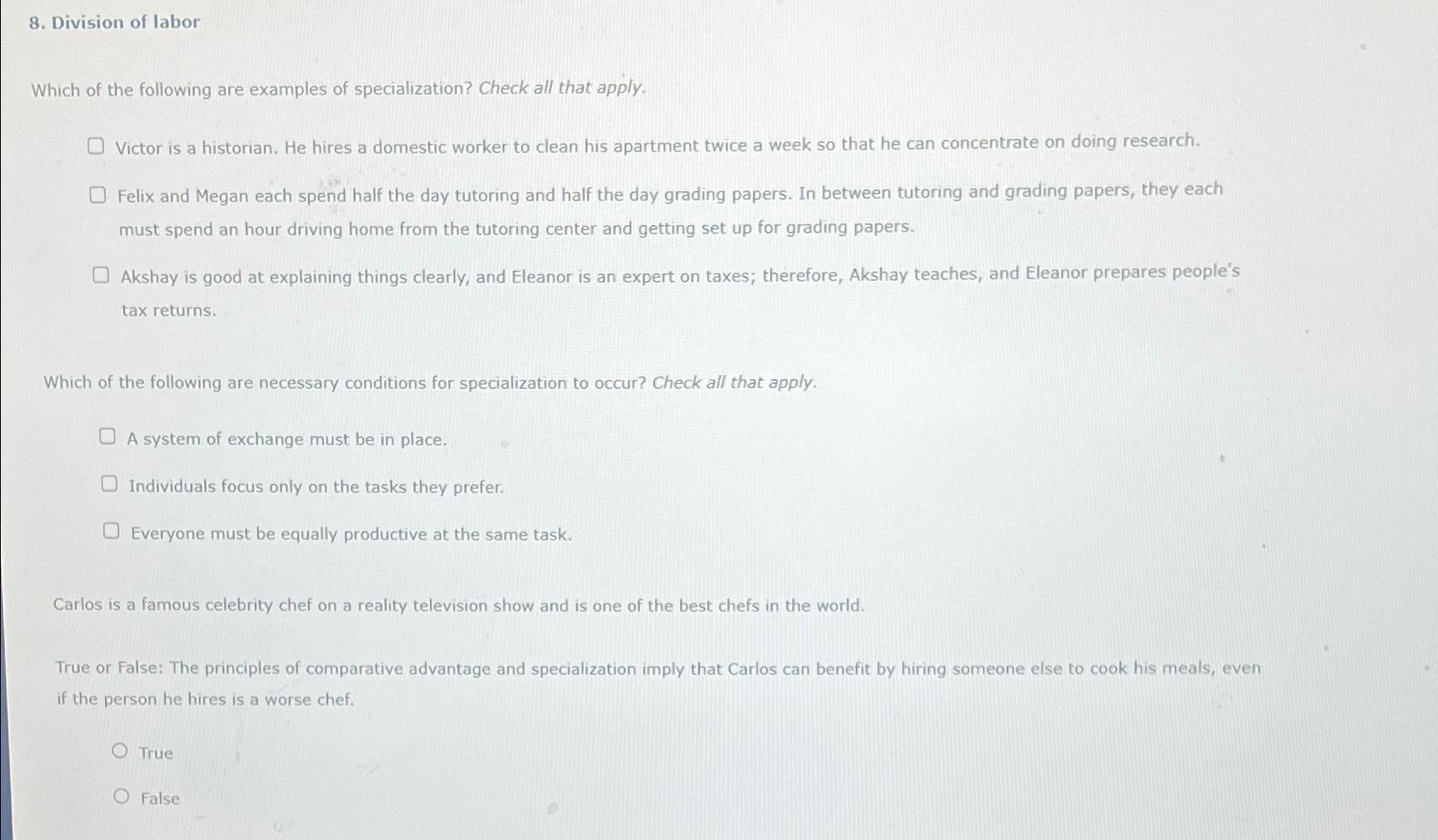 Solved Division of laborWhich of the following are examples | Chegg.com