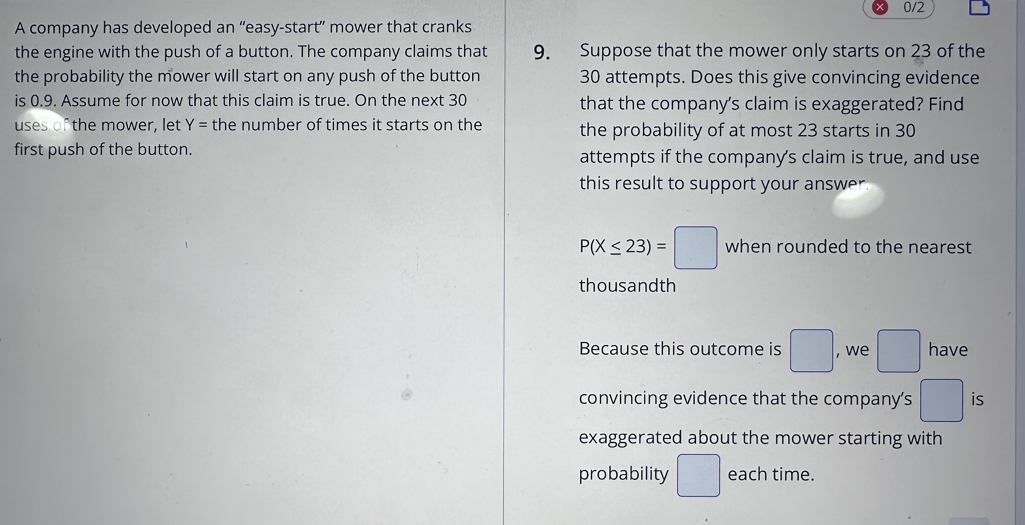 Solved A company has developed an "easy-start" mower that | Chegg.com