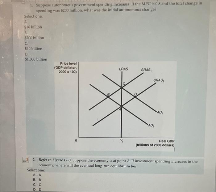 Solved 1. Suppose autonomous government spending increases. | Chegg.com