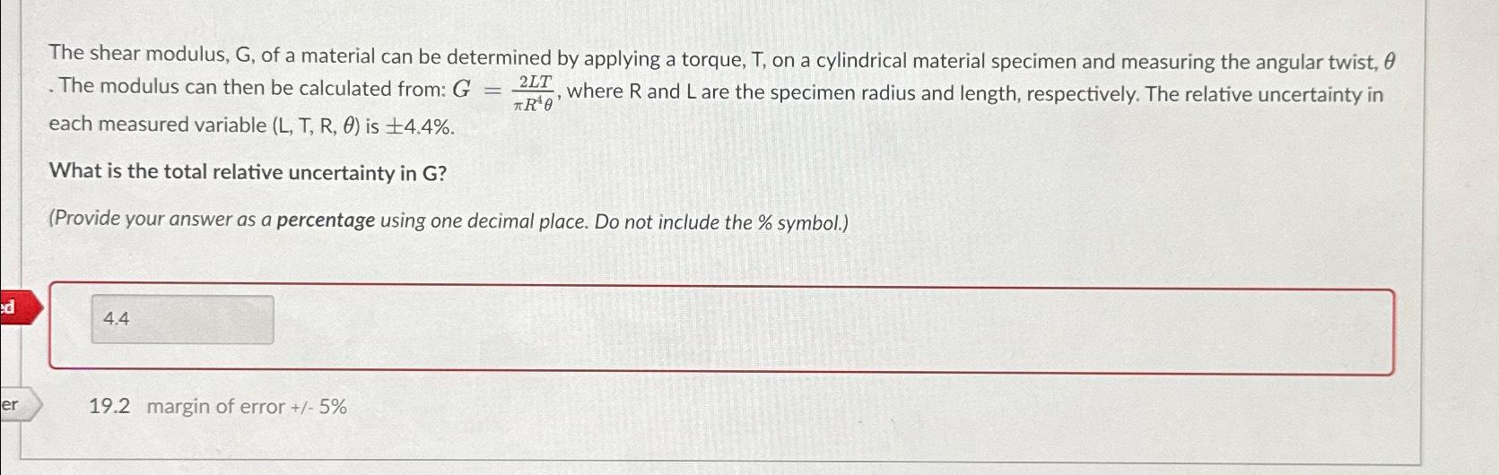 Solved The shear modulus, G, ﻿of a material can be | Chegg.com