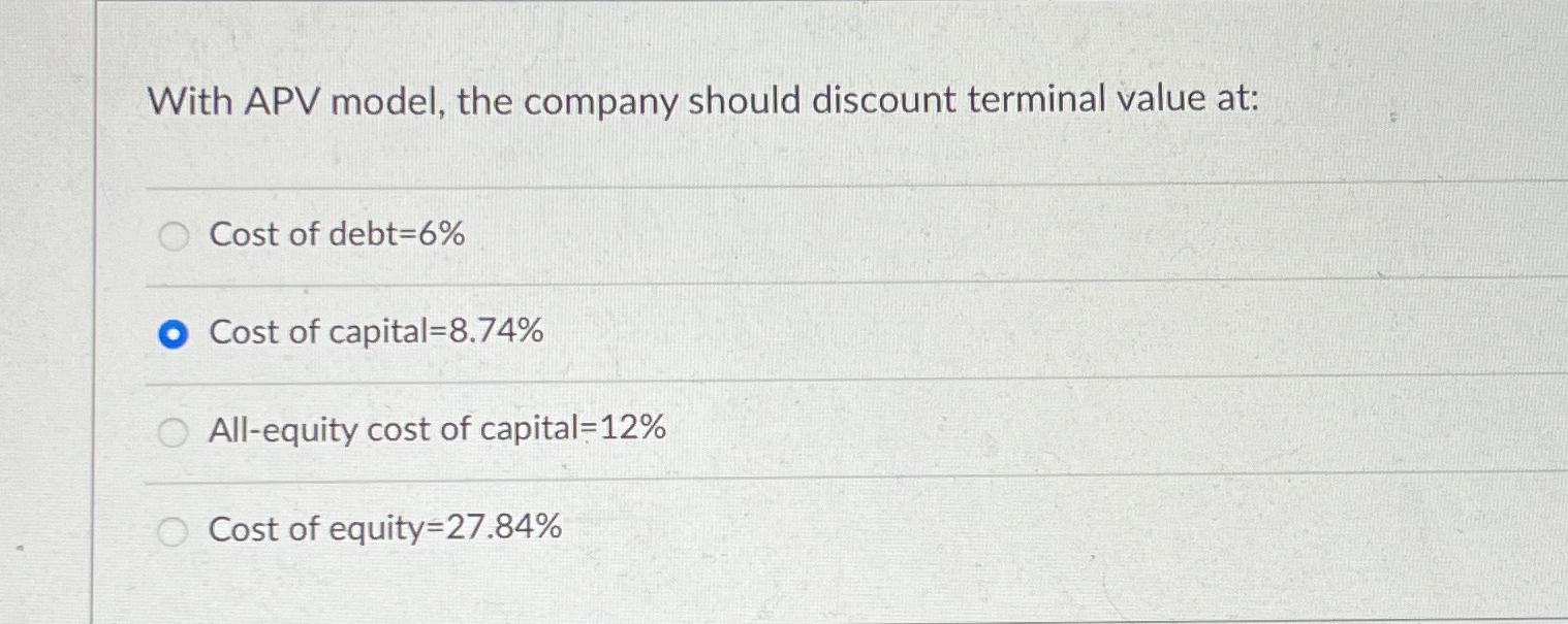 Solved With APV model, the company should discount terminal | Chegg.com