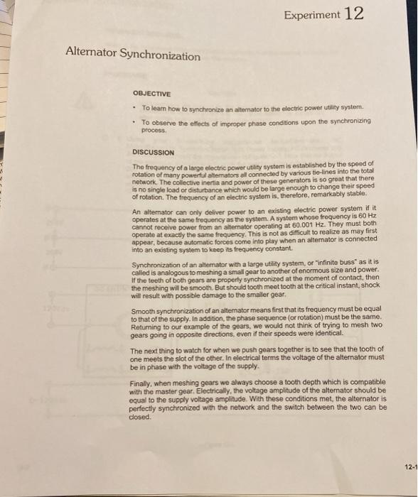 Solved Experiment 12 Alternator Synchronization OBJECTIVE . | Chegg.com