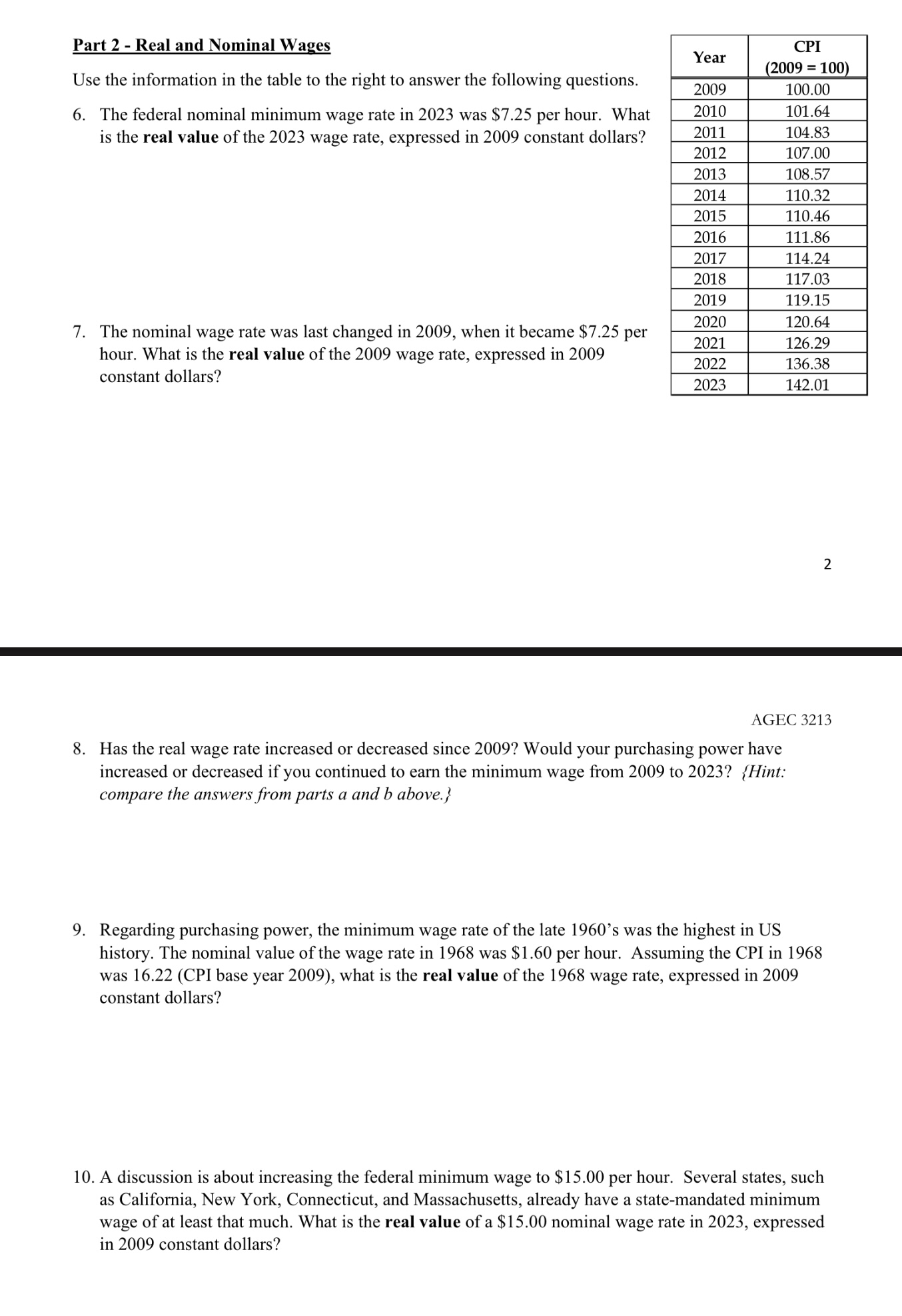 Solved Part 2 - ﻿Real and Nominal WagesUse the information | Chegg.com