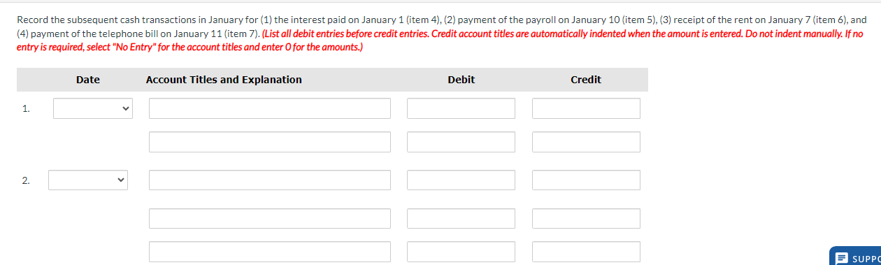 Record the subsequent cash transactions in January | Chegg.com