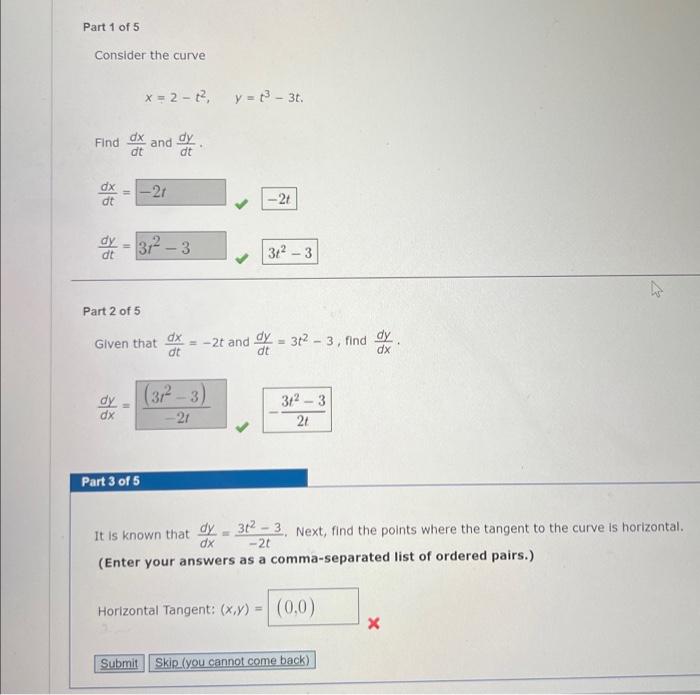 Solved Consider the curve x=2−t2,y=t3−3t Find dtdx and dtdy | Chegg.com