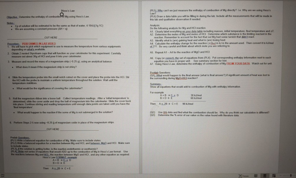 Solved Hess's Law Objective: Determine the enthalpy of | Chegg.com