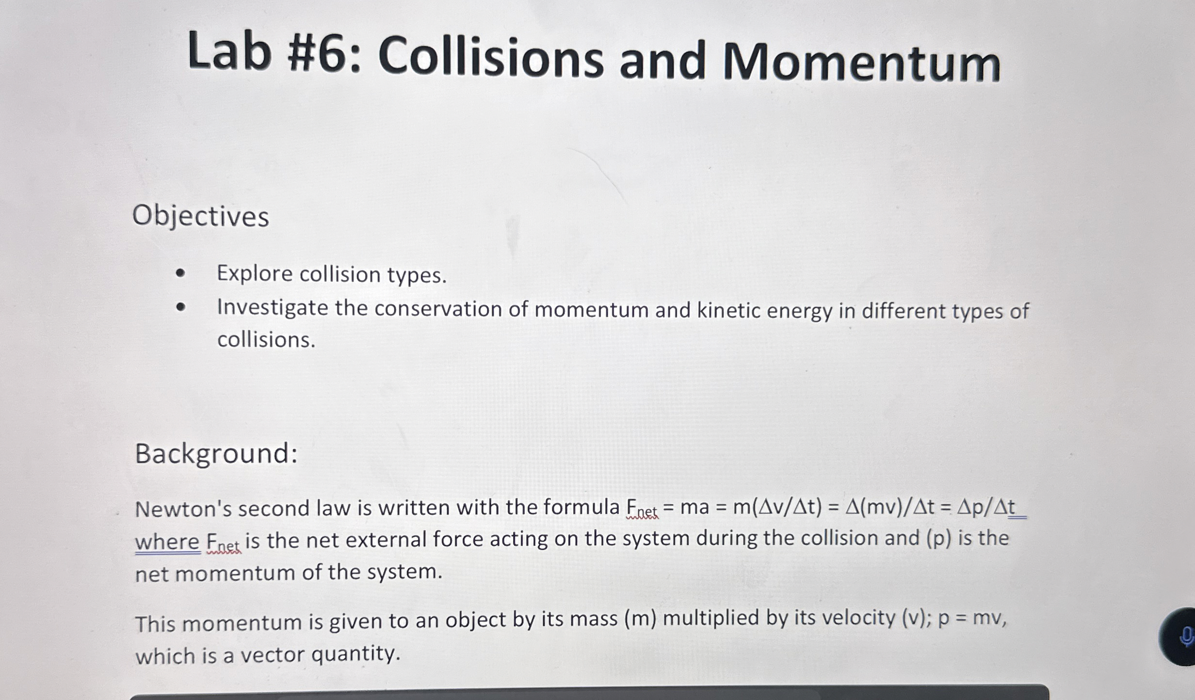 Solved Lab #6: Collisions and MomentumObjectivesExplore | Chegg.com