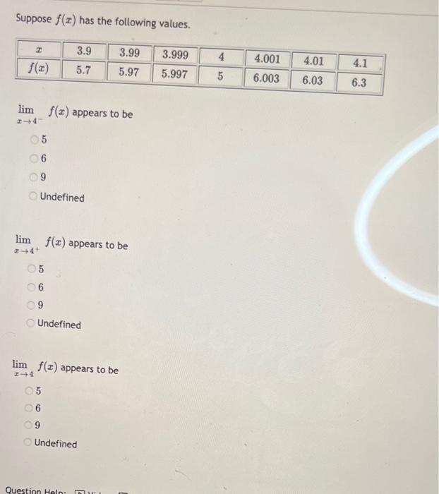 Solved Suppose f(x) has the following values. limx→4−f(x) | Chegg.com