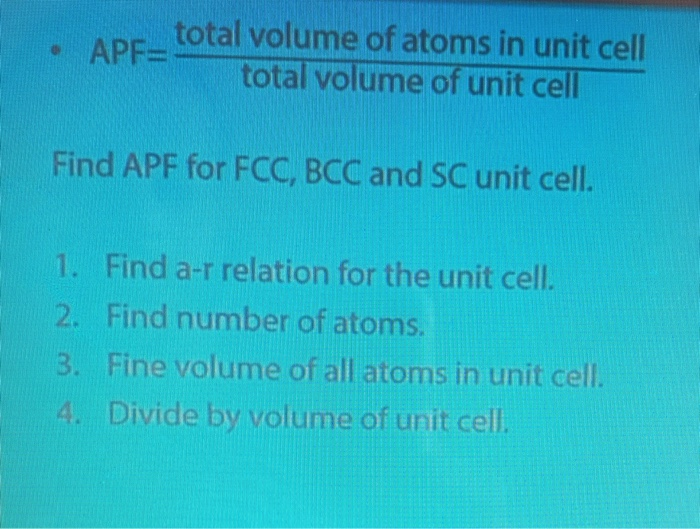 Solved total volume of atoms in unit cell • APF= total | Chegg.com