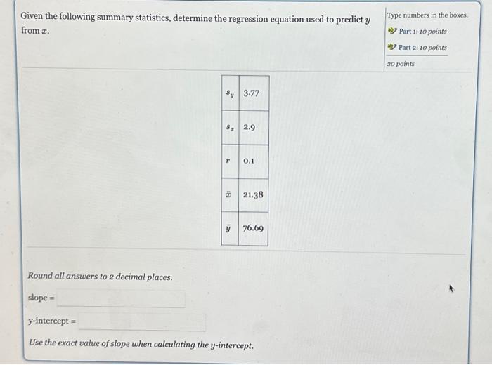 Solved Given the following summary statistics, determine the | Chegg.com