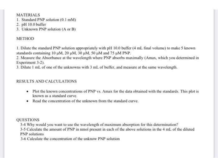 Solved MATERIALS 1. Standard PNP solution (0.1mM) 2. pH10.0 | Chegg.com