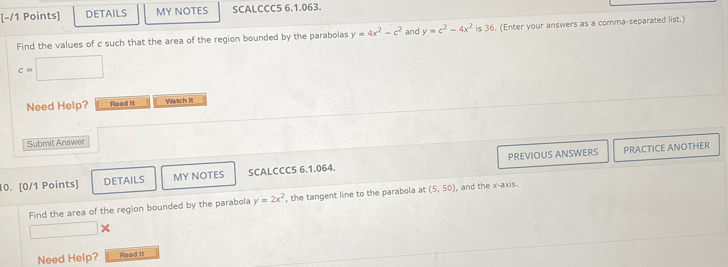 Solved [-/1 ﻿Points]SCALCCC5 6.1.063.Find the values of c | Chegg.com