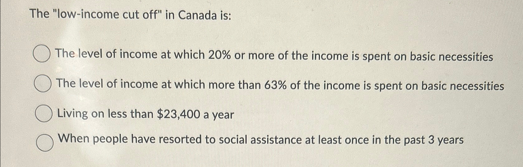 Solved The "low-income cut off" in Canada is:The level of | Chegg.com