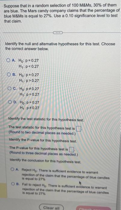 Solved Suppose that in a random selection of 100 M\&Ms, 30% | Chegg.com