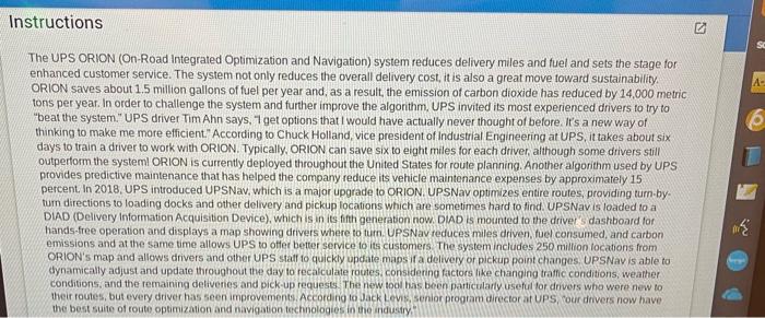 Solved The UPS ORION (On-Road Integrated Optimization and | Chegg.com