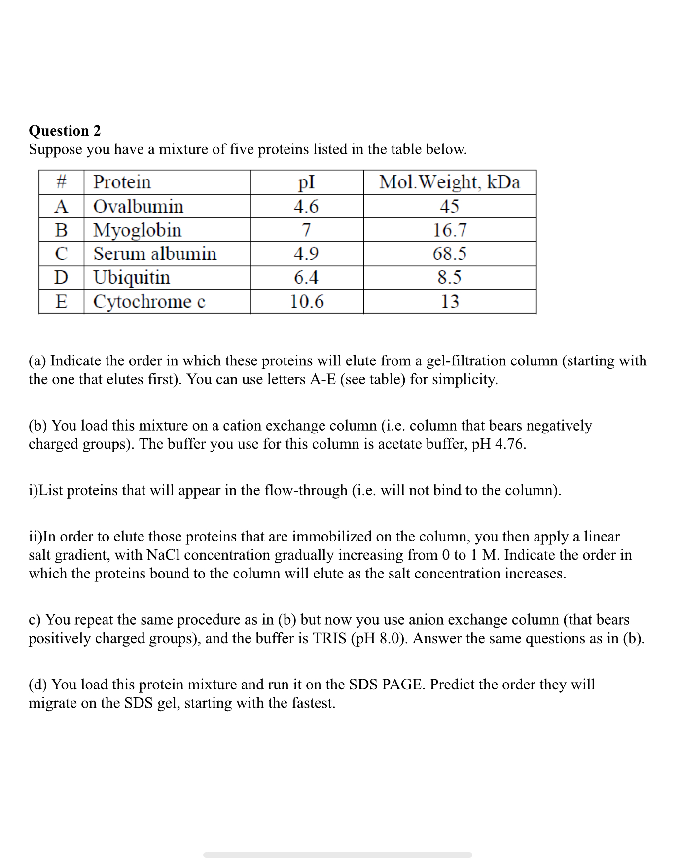 Solved Question 2Suppose you have a mixture of five proteins | Chegg.com