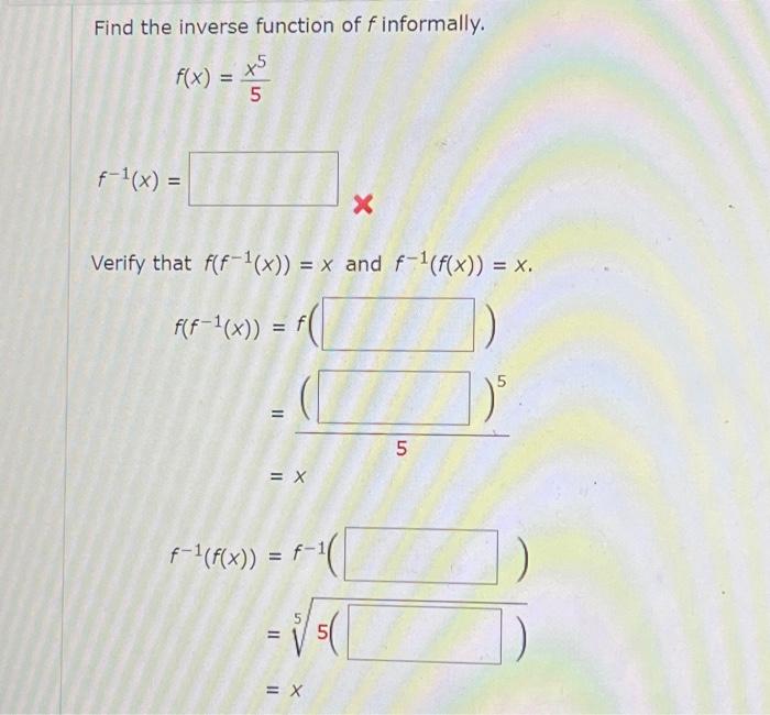 Solved Find the inverse function of f informally. f(x)=5x5 | Chegg.com