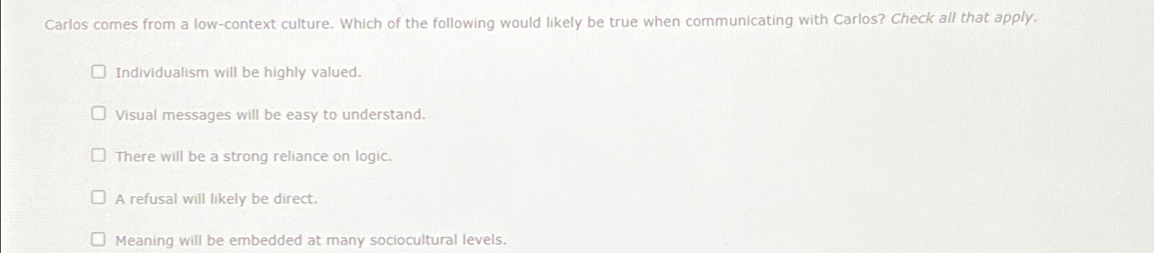 Solved Carlos comes from a low-context culture. Which of the | Chegg.com