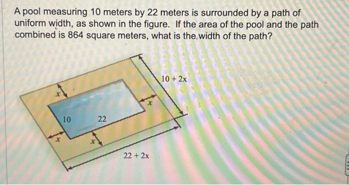 Solved A pool measuring 10 meters by 22 meters is surrounded | Chegg.com