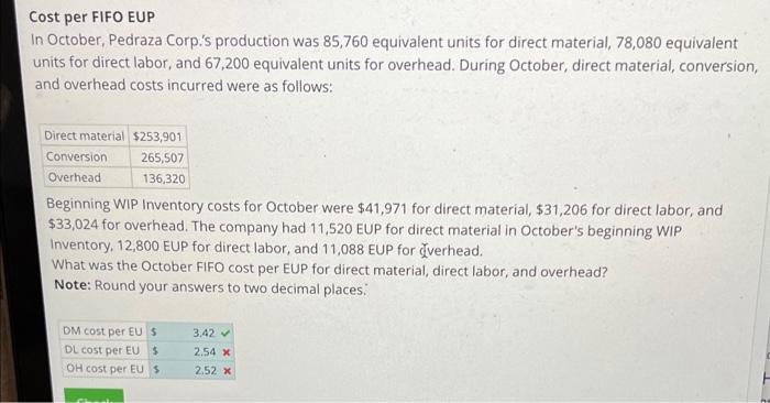 Solved Cost per FIFO EUP n October, Pedraza Corp.'s | Chegg.com