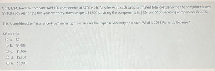 Solved On 1/1/24, Traverse Company sold 100 components at | Chegg.com