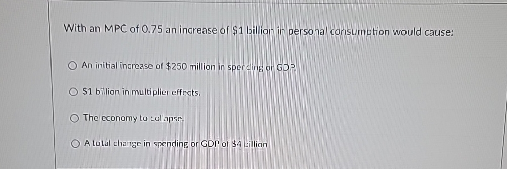 Solved With an MPC of 0.75 ﻿an increase of $1 ﻿billion in | Chegg.com
