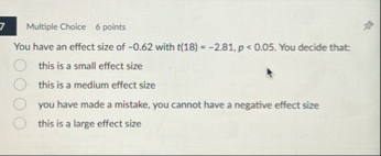 Solved Multiple Choice 6 ﻿pointsYou have an effect size of | Chegg.com