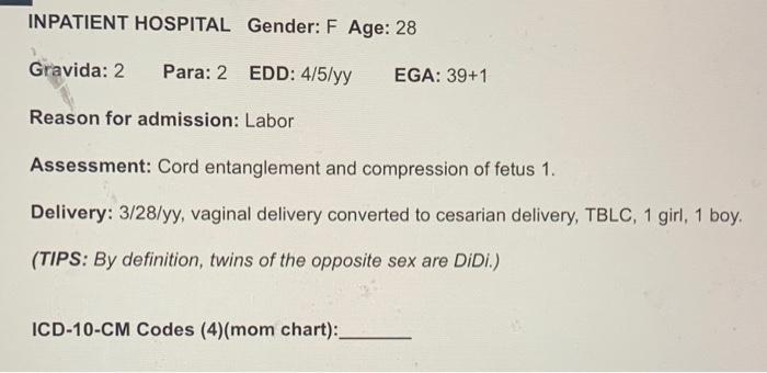 INPATIENT HOSPITAL Gender: F Age: 28 Gravida: 2 Para: | Chegg.com