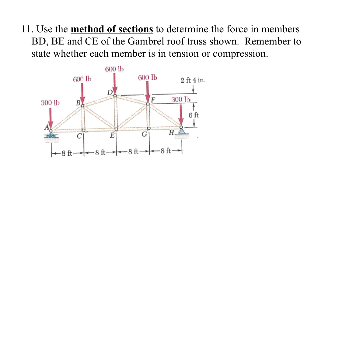 Solved Use the method of sections to determine the force in | Chegg.com