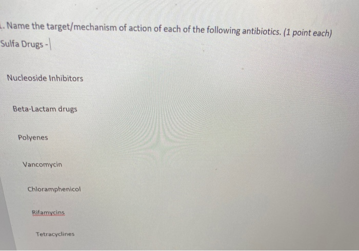 Solved 1. Name the target/mechanism of action of each of the | Chegg.com
