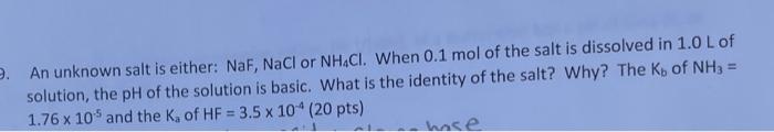 Solved An Unknown Salt Is Either Nafnacl Or Nh4cl When 8628