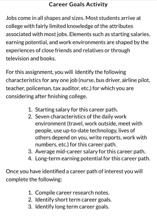 Solved Career Goals Activity Jobs come in all shapes and | Chegg.com