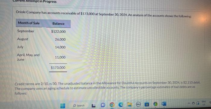 Solved Oriole Company has accounts receivable of $173,000 at | Chegg.com