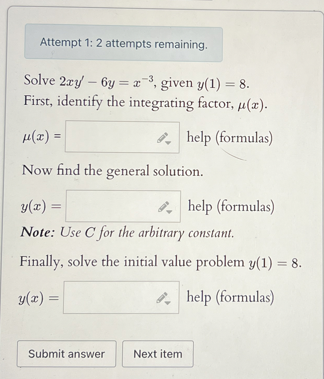 Solved Attempt 1: 2 ﻿attempts remaining.Solve 2xy'-6y=x-3, | Chegg.com