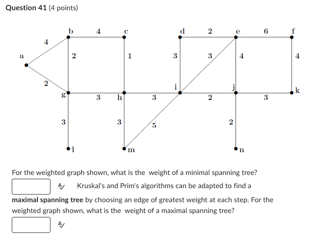 Solved Question 41 (4 ﻿points) ﻿For the weighted graph | Chegg.com