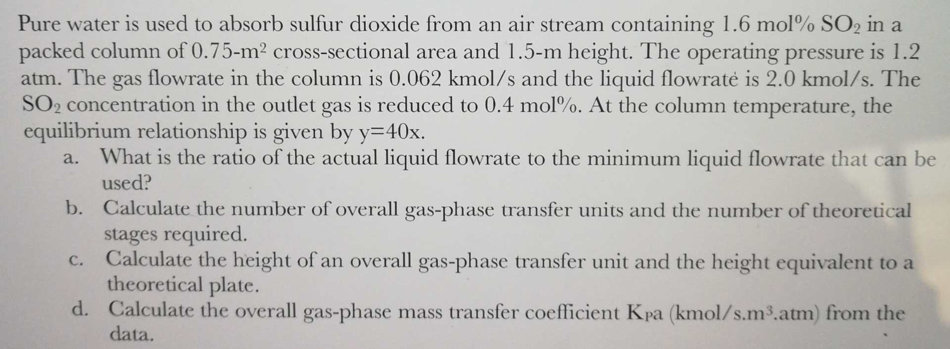Solved Pure water is used to absorb sulfur dioxide from an | Chegg.com
