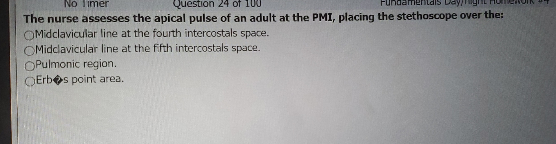 Solved The nurse assesses the apical pulse of an adult at | Chegg.com