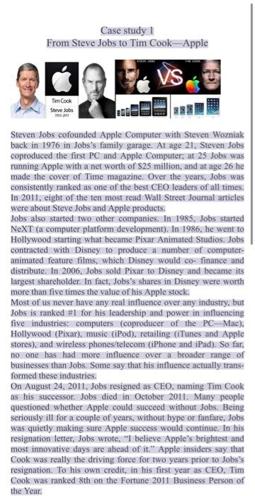 Solved Case study 1 From Steve Jobs to Tim Cook-Apple 90 VS | Chegg.com