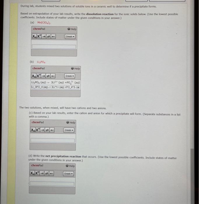 Solved During lab, students mbxed two solutions of soluble | Chegg.com
