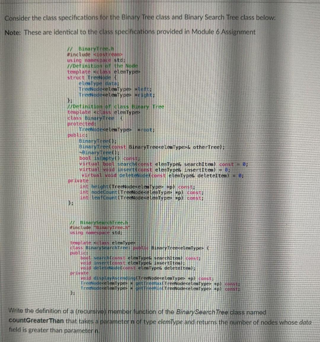 Solved Consider the class specifications for the Binary Tree | Chegg.com