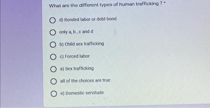 Solved What are the different types of human trafficking?* O | Chegg.com